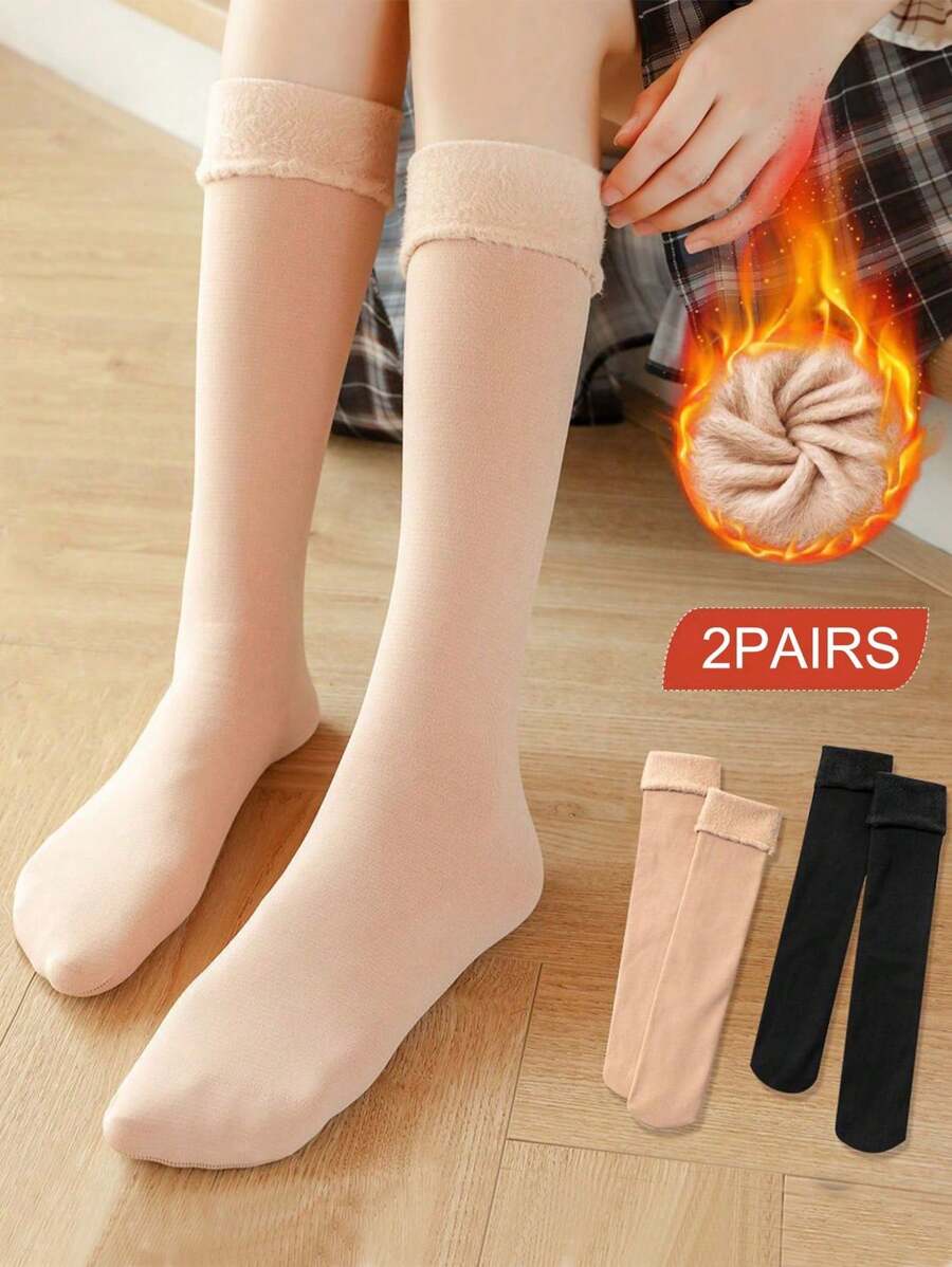 2 Pairs Winter Fleece Lined Opaque Leg Warmer Socks, Slimming Black ...
