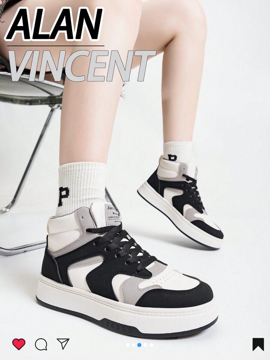 Alan Vincent 2024 New Women High Top White And Black Shoes Ladies Flat ...