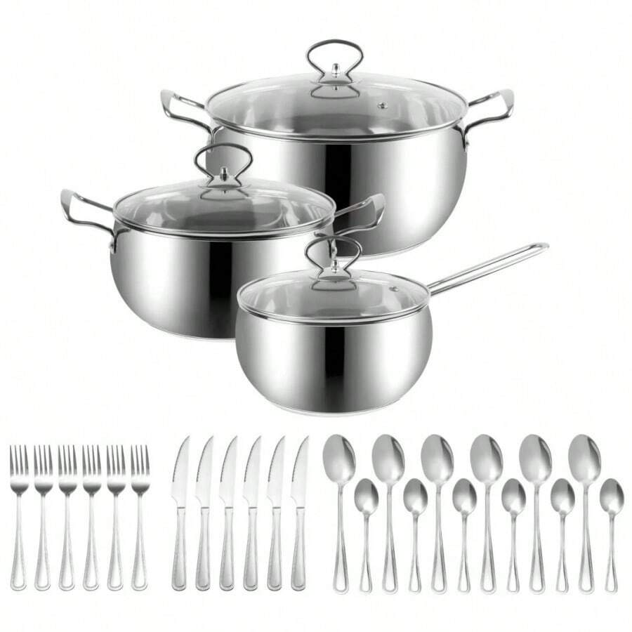 Sleek Stainless Steel 6-Piece Cookware Set And 24-Piece Silverware Set ...