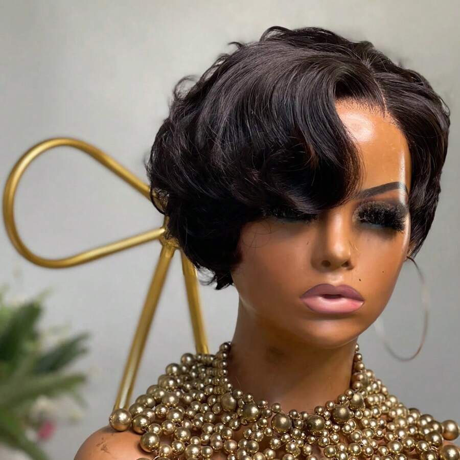 Perruque pixie coupée droite avec fermeture en dentelle 4X4 pour filles ...