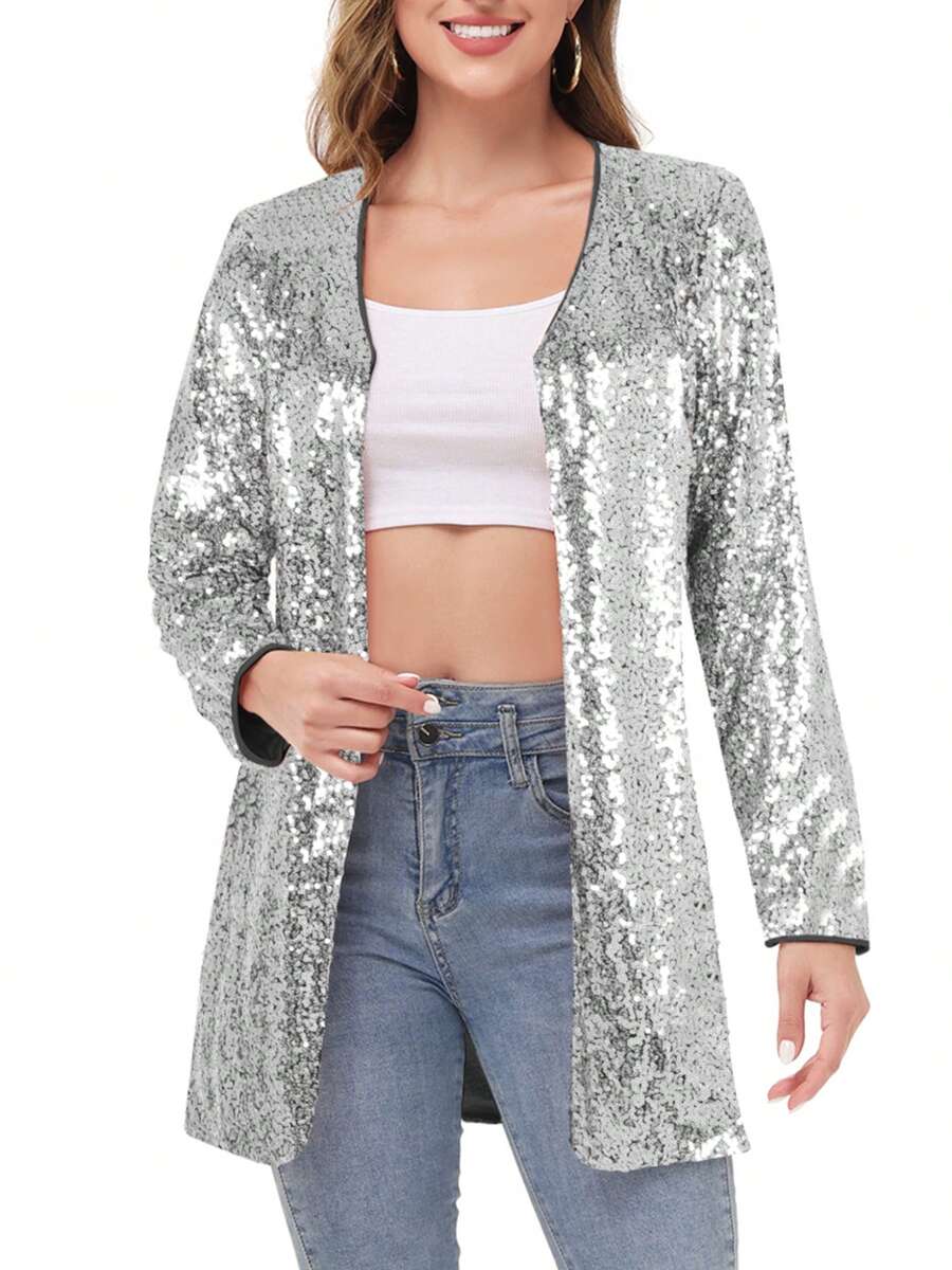 Women's Open Front Sequin Coat Las Vegas Blazer Party Club Cocktail ...
