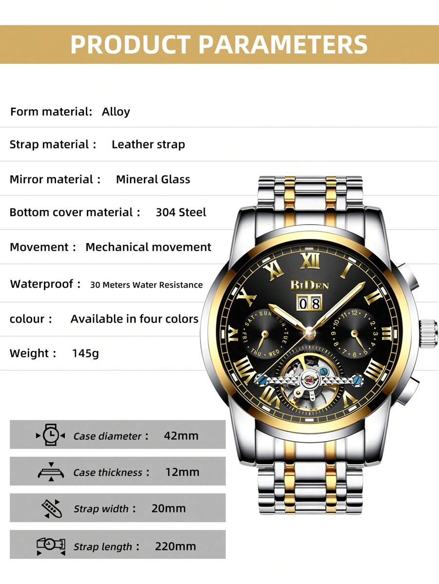 BIDEN Relógio Automático Mecânico de Precisão para Homens, Calendário, Luz Noturna, À Prova D ...