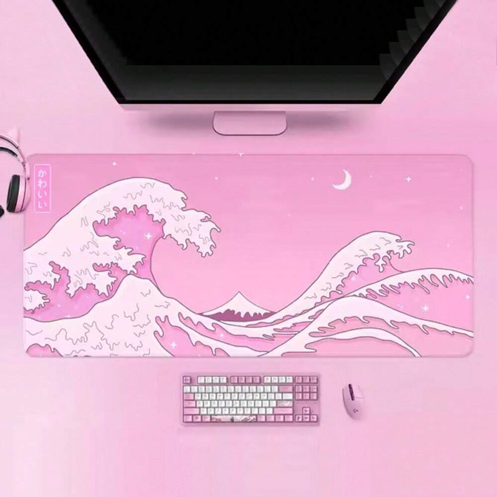 1pc Kawaii Desk Mat Pink Wave Cute Pastel Anime Aesthetics Moon And ...