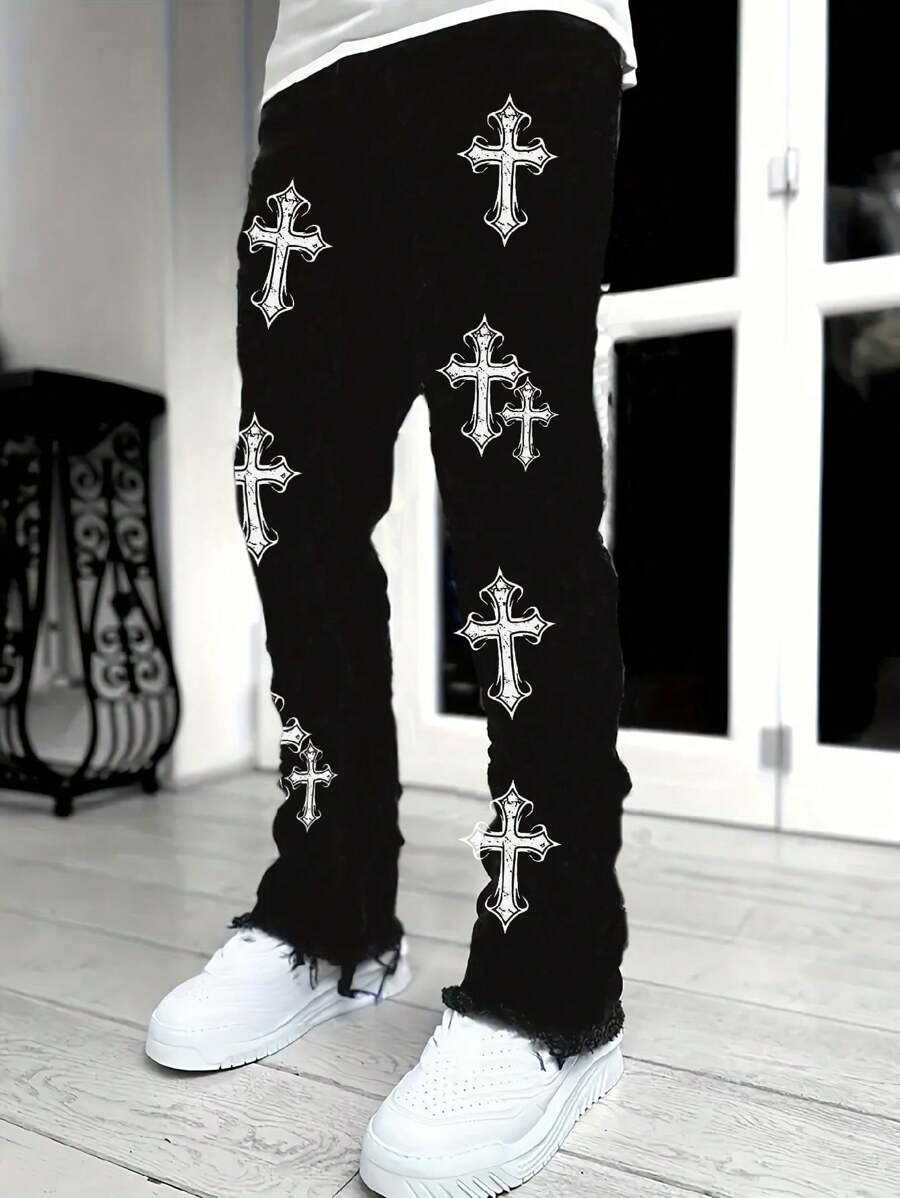 Men's Casual Street Cross Print Jeans Long Stretch Fit Flared Jeans ...