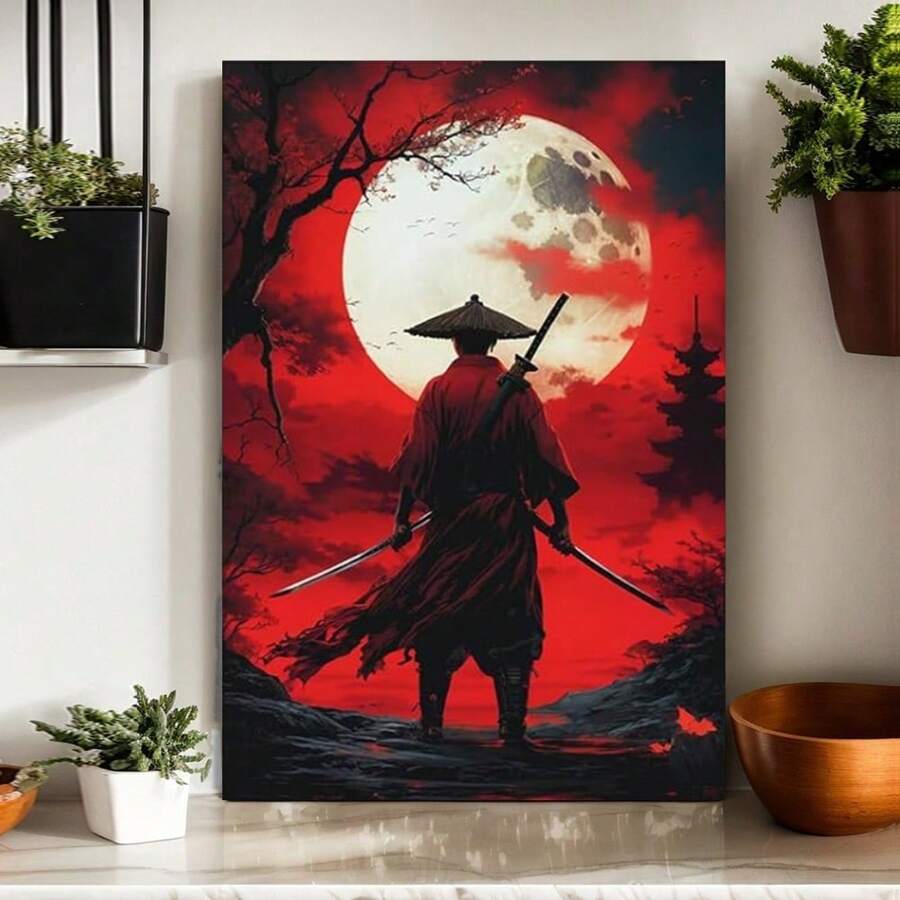 Samurai Canvas Wall Art Samurai Back Full Moon Poster Prints Japanese ...