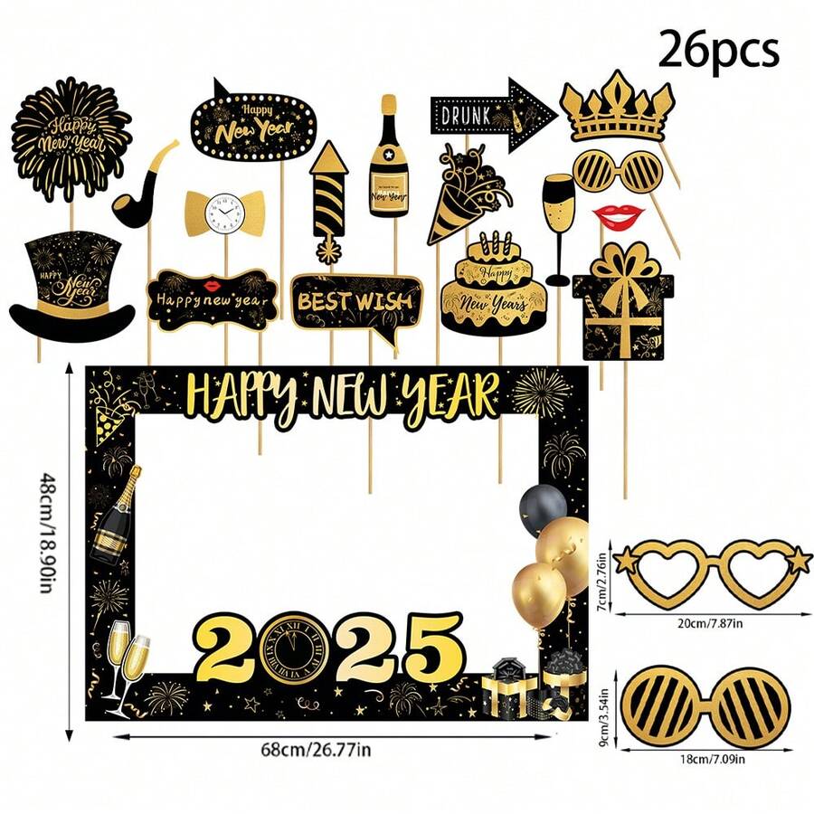 26pcs 2025 New Year Carnival Party Handheld Photo Prop Paper Frame Set ...