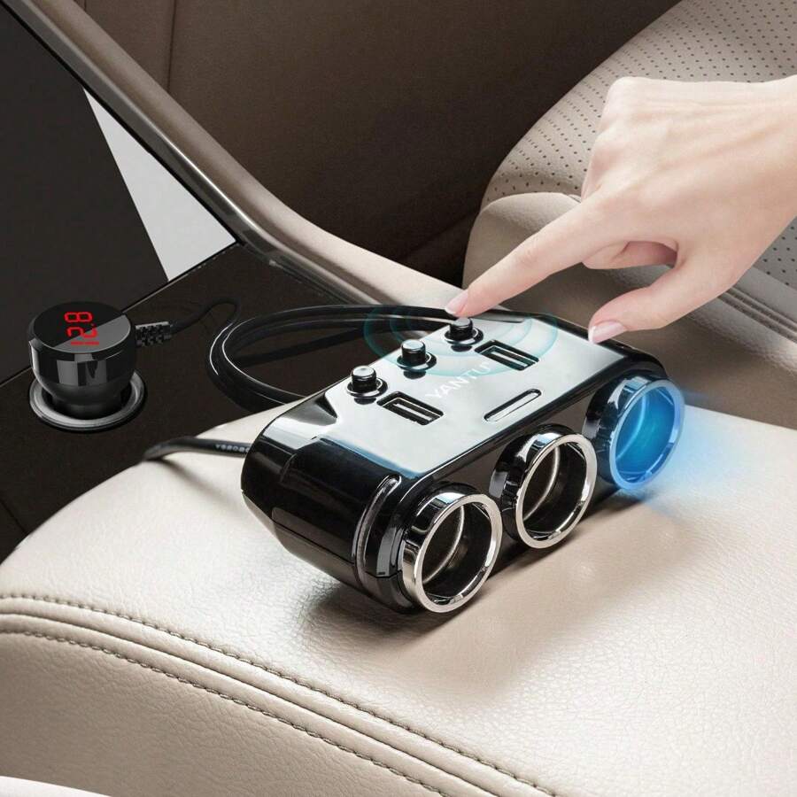 Smart 3-Socket Car Charger With LED Voltage Display & Dual USB Ports ...