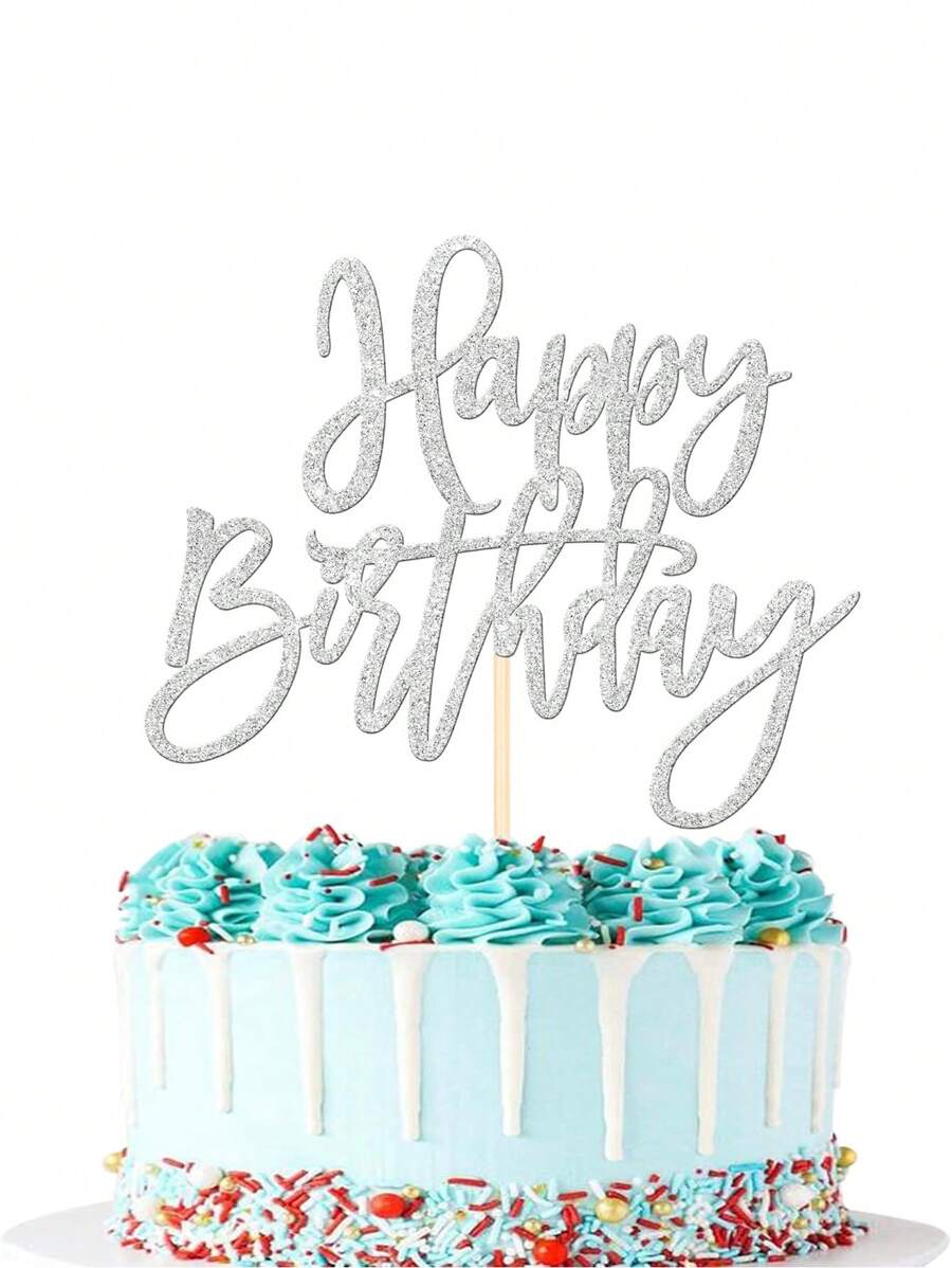 1pc Silver "Happy Birthday" Cake Topper, For Birthday Celebration ...