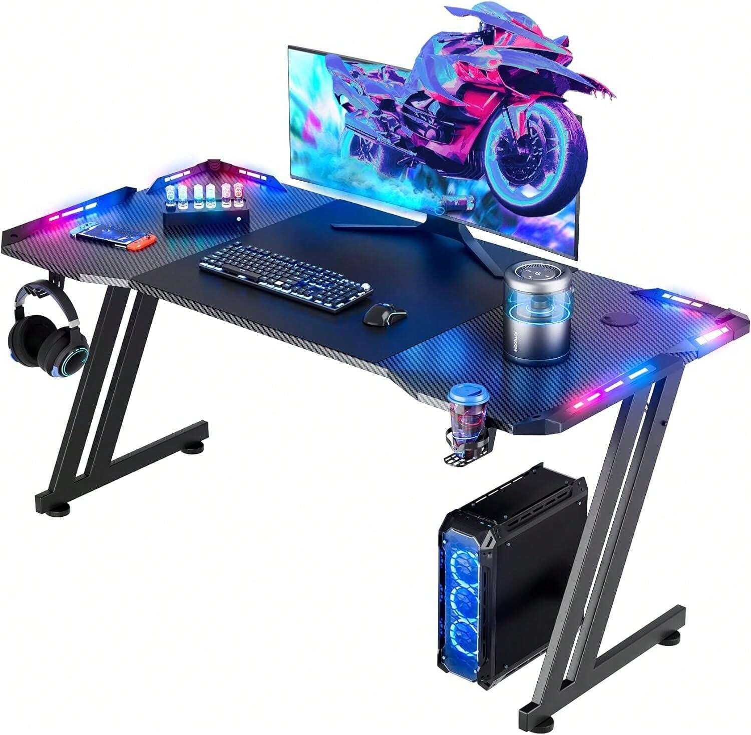 47 Inch Gaming Desk With LED Lights Carbon Fibre Surface Gaming Table ...