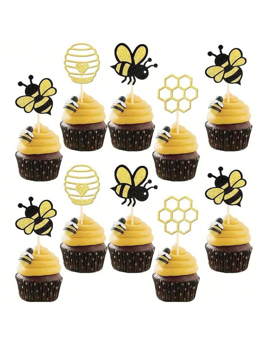 12/15/20pcs Glitter Bumble Bee Cupcake Toppers - Perfect For Gender ...
