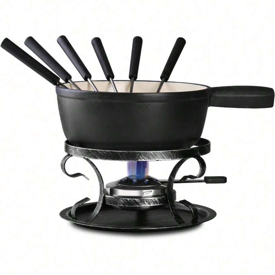 Artestia Cast Iron Cheese Fondue Pot Set, Swiss Traditional Cast Iron ...