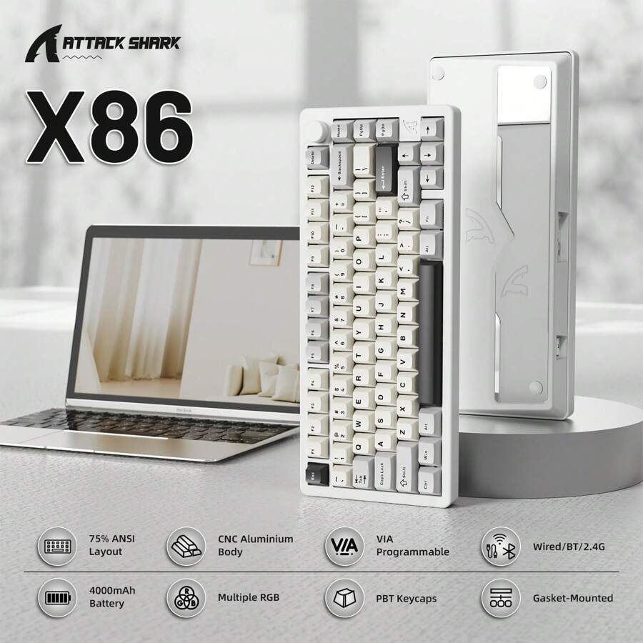 ATTACK SHARK X86 Wireless Mechanical Keyboard,CNC Aluminum Turd, 3 Mode Connectivity,Hot ...