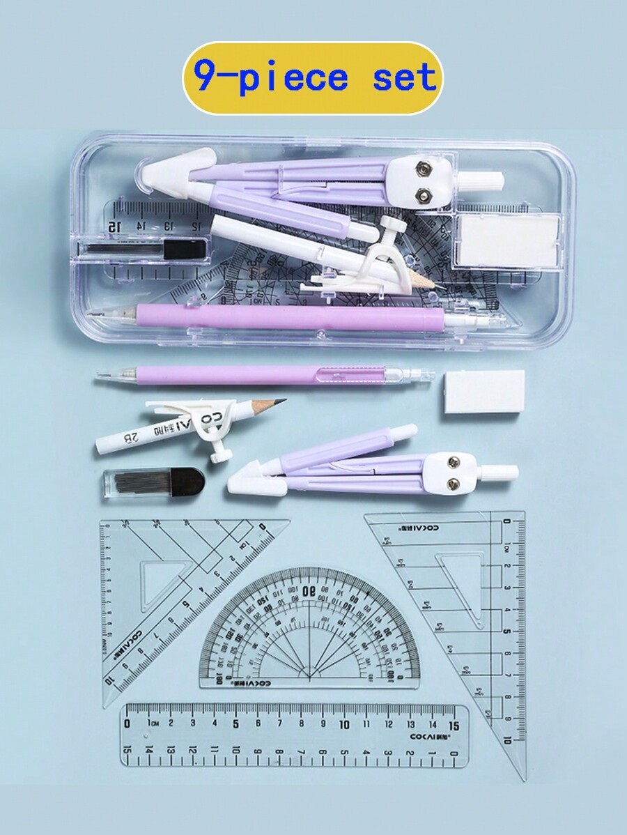 9pcs/Set Student Compass Ruler Set, Includes Protractor, Triangle Ruler ...