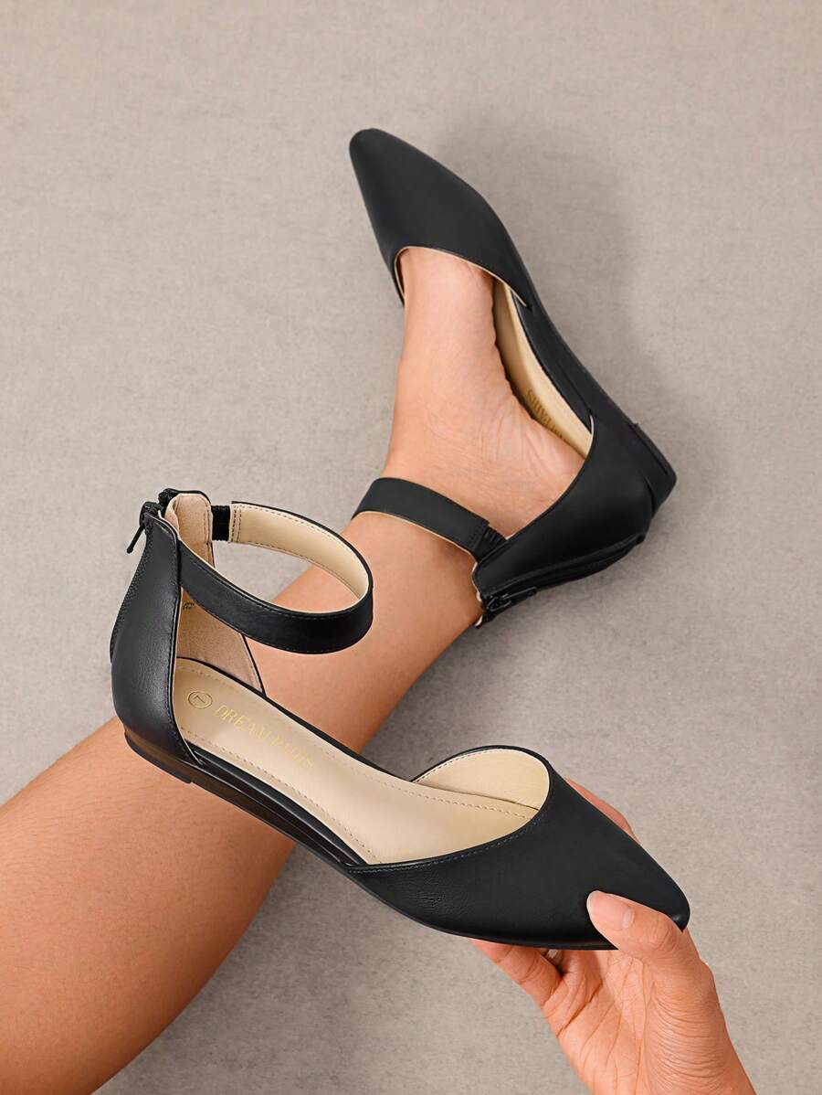 Women's Comfort Low Wedge Ankle Strap Flats Closed Pointed Toe Ballet ...