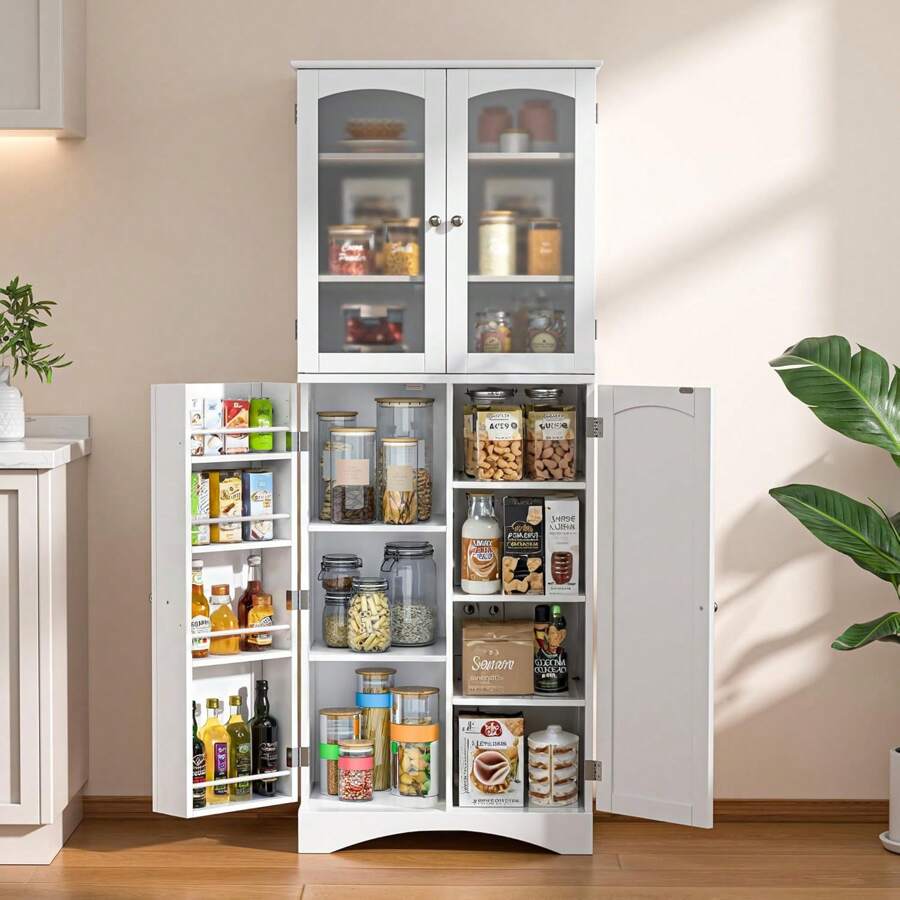 64" Storage Cabinet Kitchen, Pantry Cabinet With Glass Doors And ...