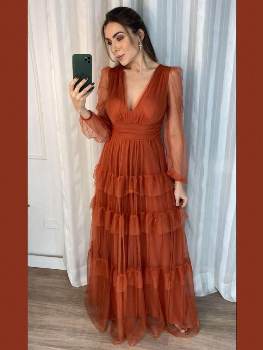 Women's 3 Marias Long Ruffle Dress, Open Back, Long Sleeve, Tulle ...