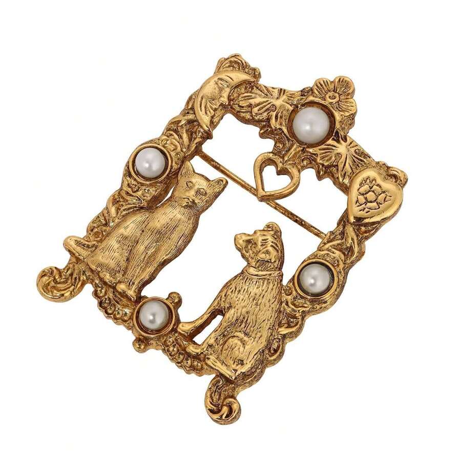 14K Gold Dipped Faux Pearl Rectangle Cat Pin | SHEIN USA