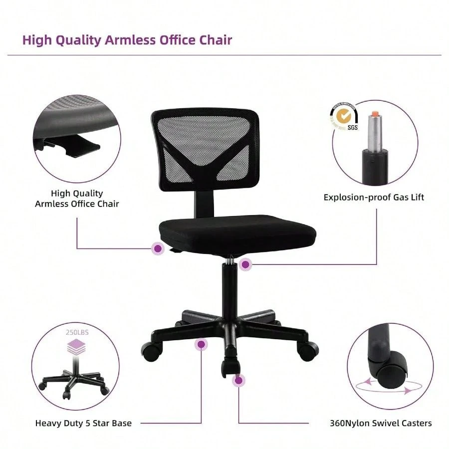 Armless Office Desk Chair, Small Task Chair With Mesh Lumbar Support ...