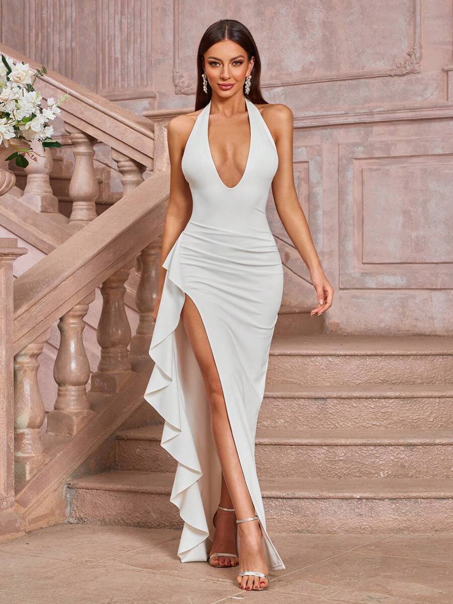 Elegant Sexy Gown With Plunge Neckline And Asymmetric Pleat Detail At Waist Thigh-High Slit ...