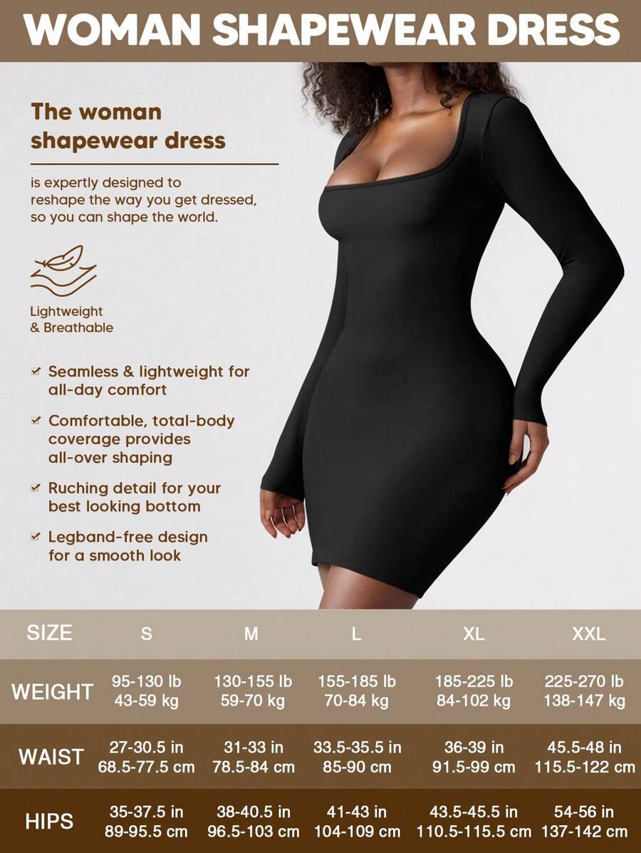 Women's Black Bodycon Tight Dress Square Neck Ribbed Long Sleeve Slim ...