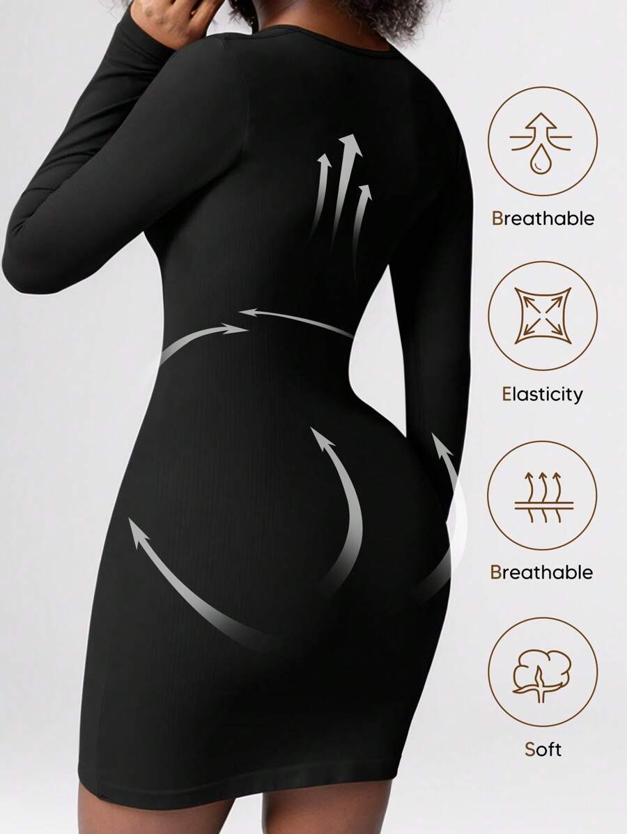 Women's Black Bodycon Tight Dress Square Neck Ribbed Long Sleeve Slim ...