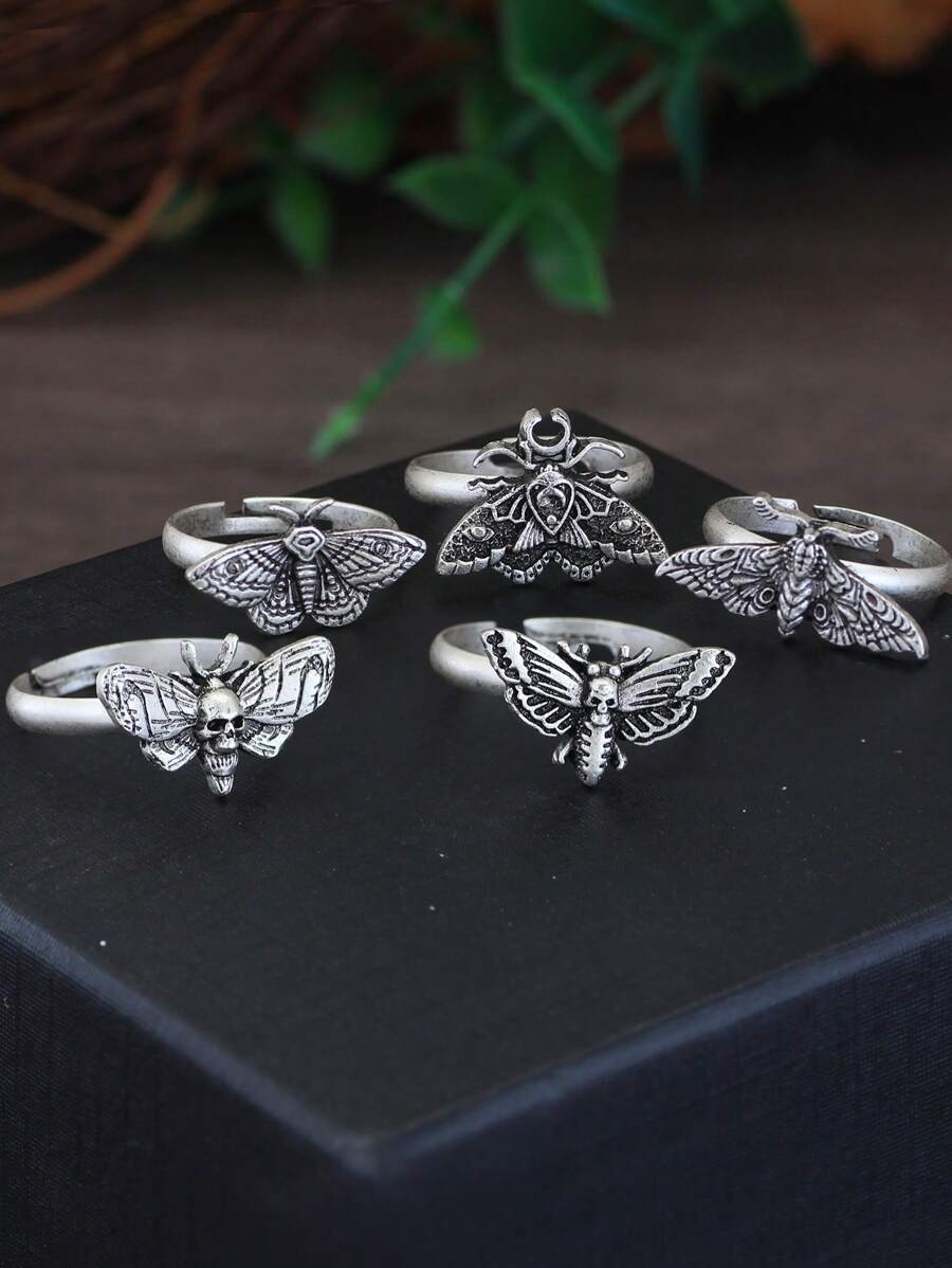 XJYHDY 5pcs Adjustable Witch Death Moth Insect Rings Gothic Skull ...