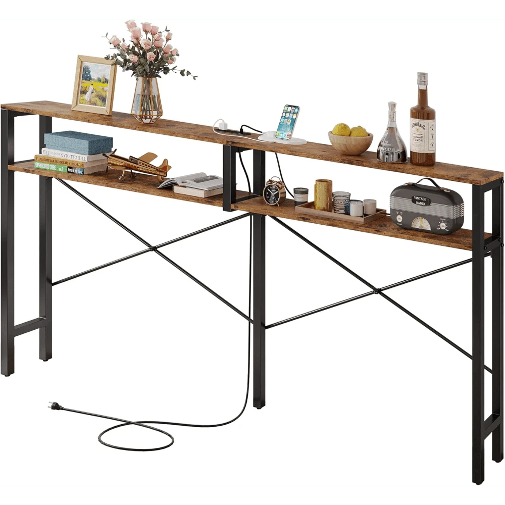 Console Table With Power Outlet, Long Sofa Table With Shelves And X ...