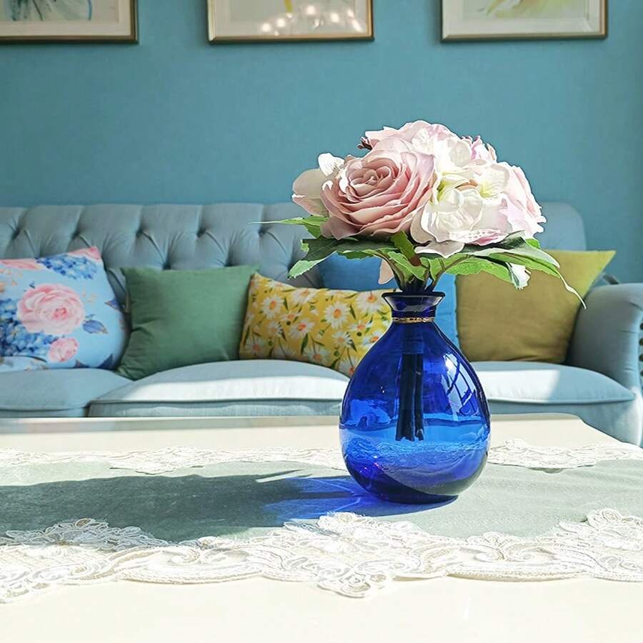 Blue Transparent Glass Vase, Round Glass Vase With Big Belly And Small ...