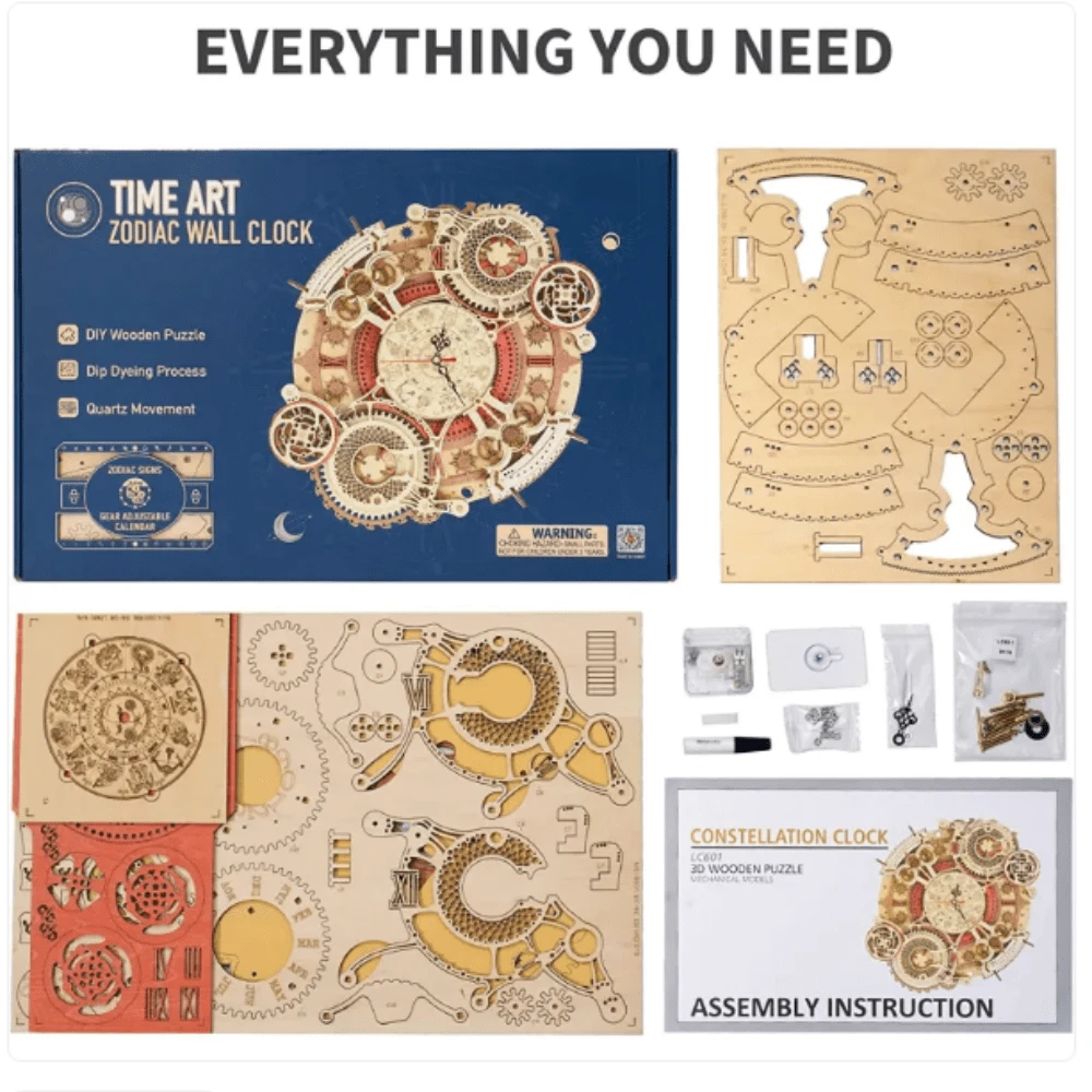 Robotime ROKR Time Art Twelve Zodiac Wall Clock 3D Wooden Puzzle Game ...