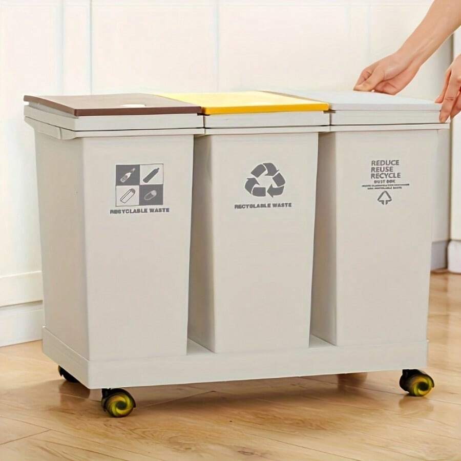 3-Compartment Kitchen Trash Can Set With Wheels, Large Capacity Recycle ...