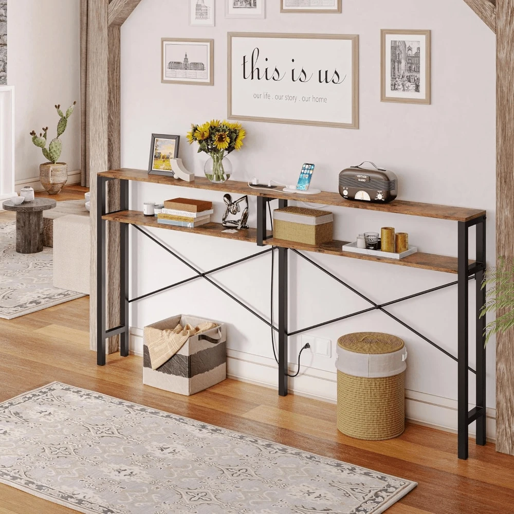 Console Table With Power Outlet, Long Sofa Table With Shelves And X ...