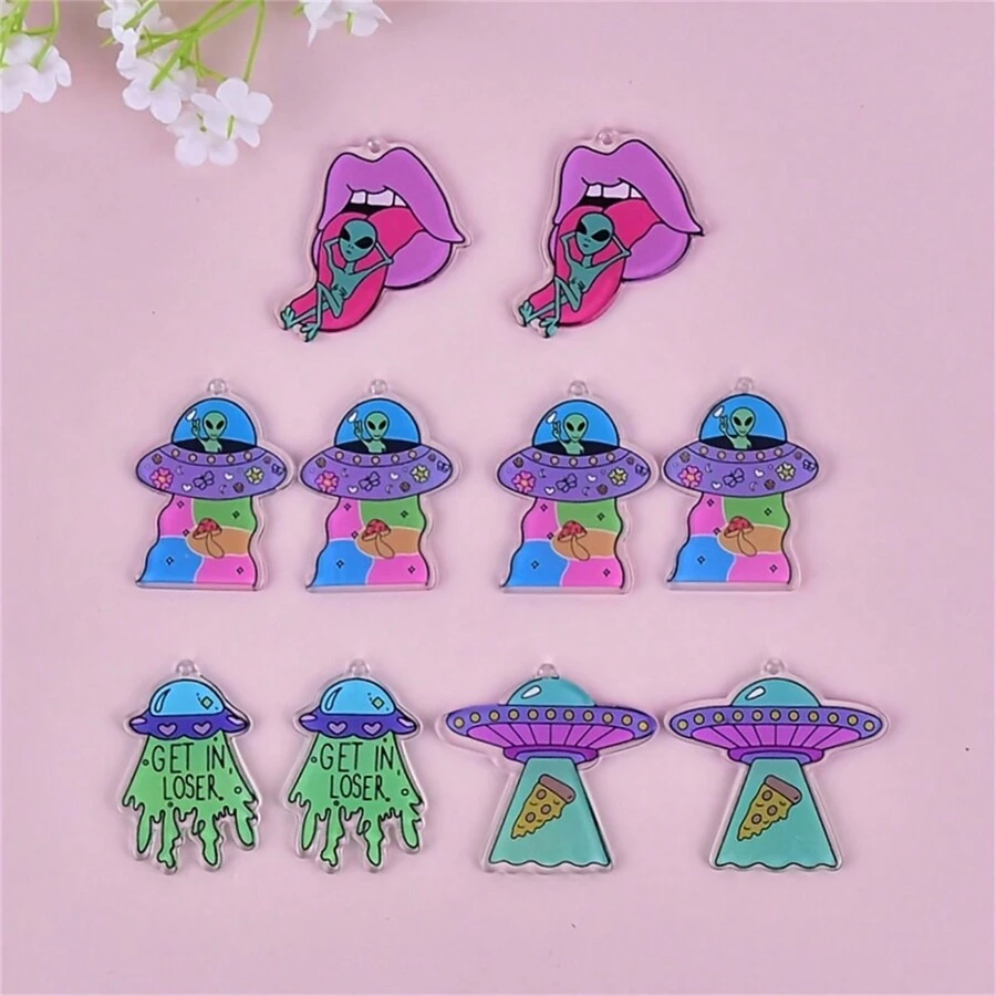 10 Stücke Acryl Alien UFO Anhänger, Y2K bizarres Alien Thema Anhänger ...