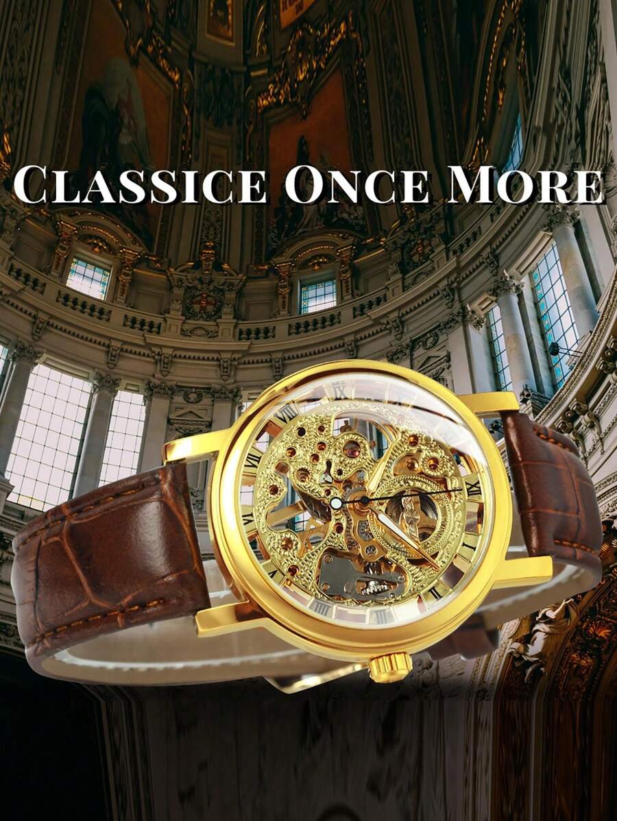 T-WINNER 1pc Classic Gold Skeleton Hand Winding Watches For Men ...