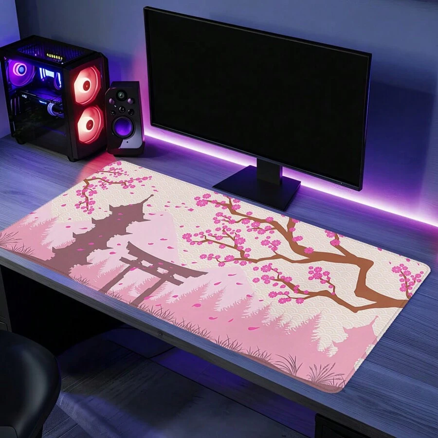 1PC Pink Mouse Pad Stitched Edges Japanese Cherry Blossom Extended ...