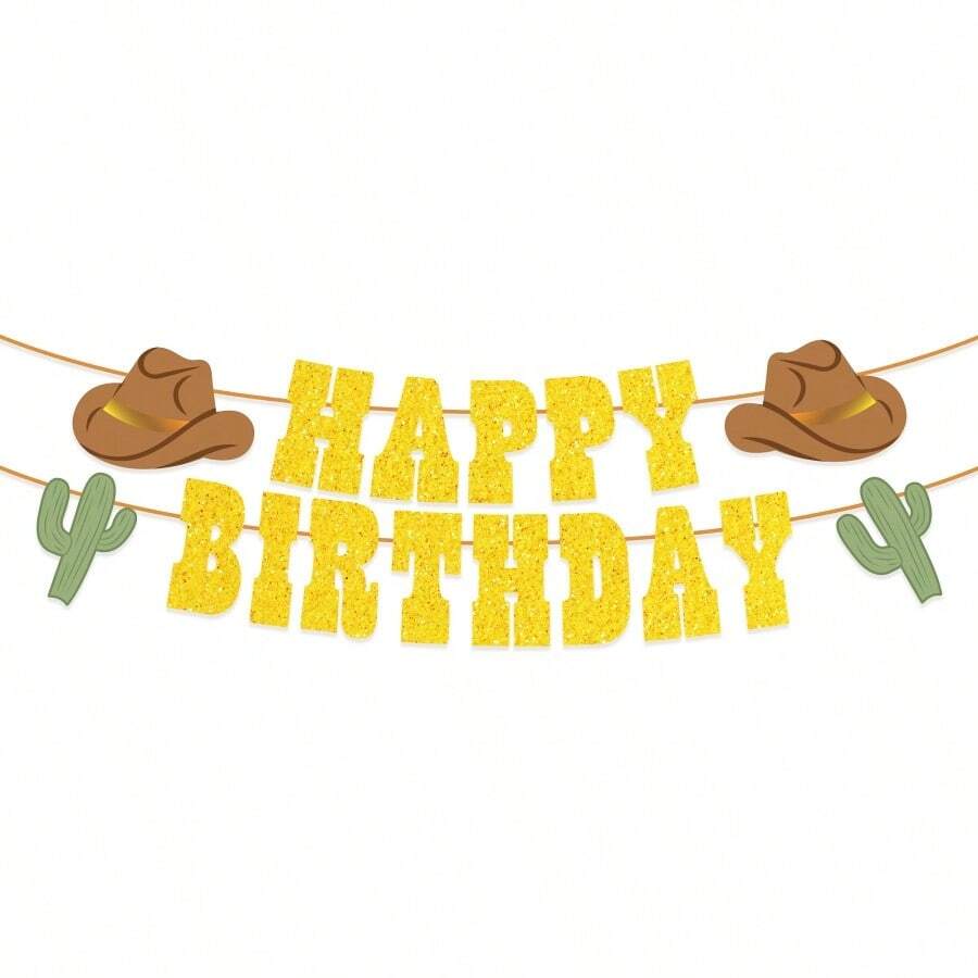 Western Happy Birthday Gold Glitter Banner - 5 Ft. | Cowboy HBD ...