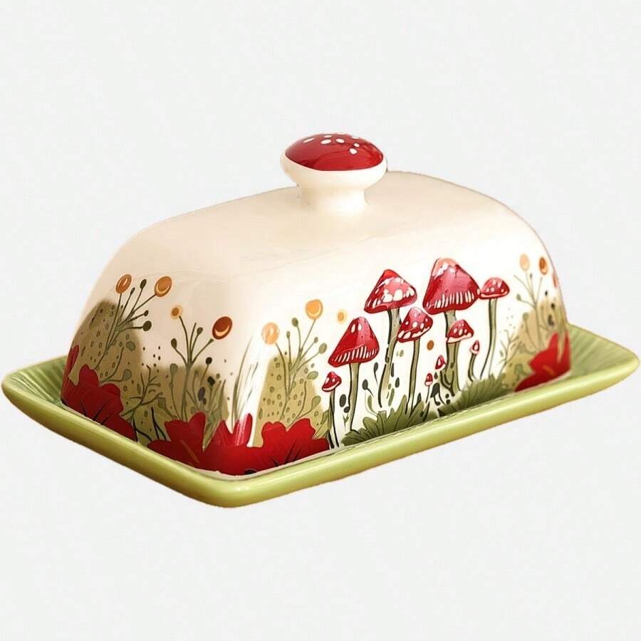 1pc Lead-Free Ceramic Mushroom & Plant Theme Butter Dish With Lid ...