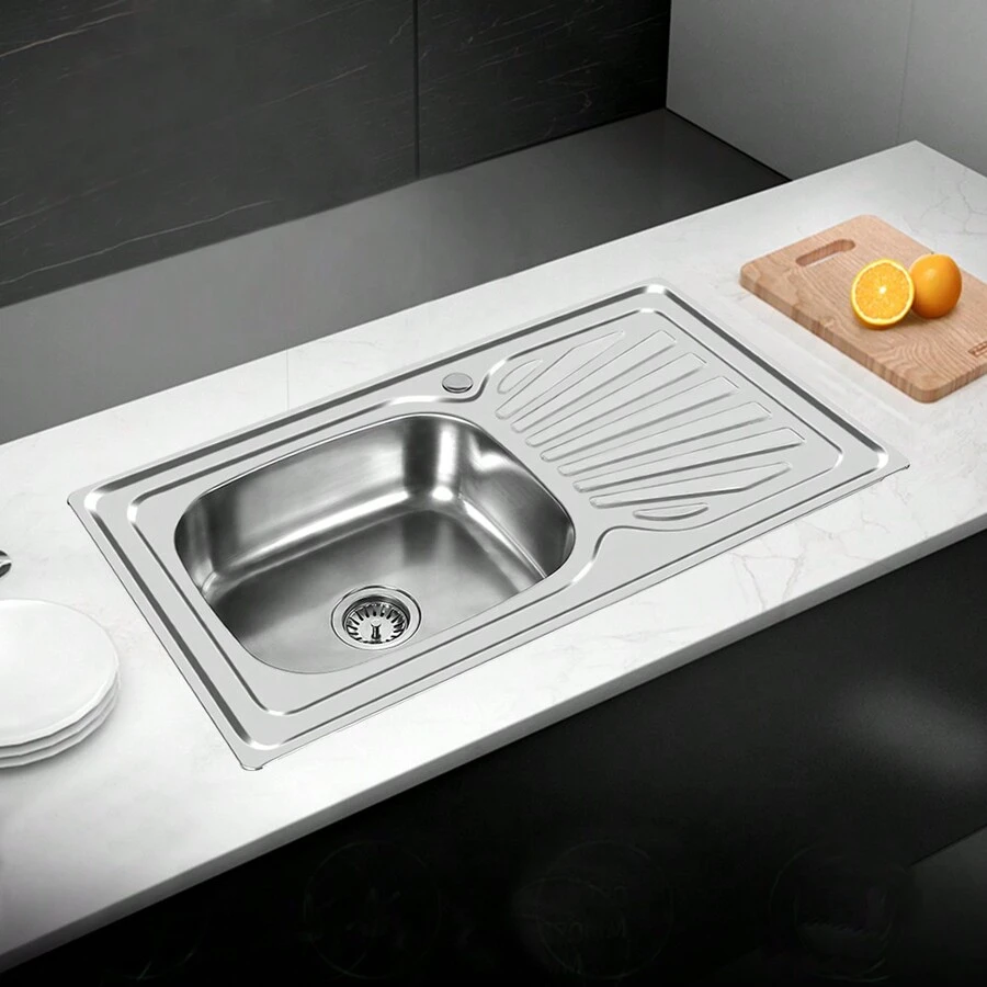 90x50x17 CM Stainless Steel Kitchen Sink 1 Basin + 1 Draining Basin ...