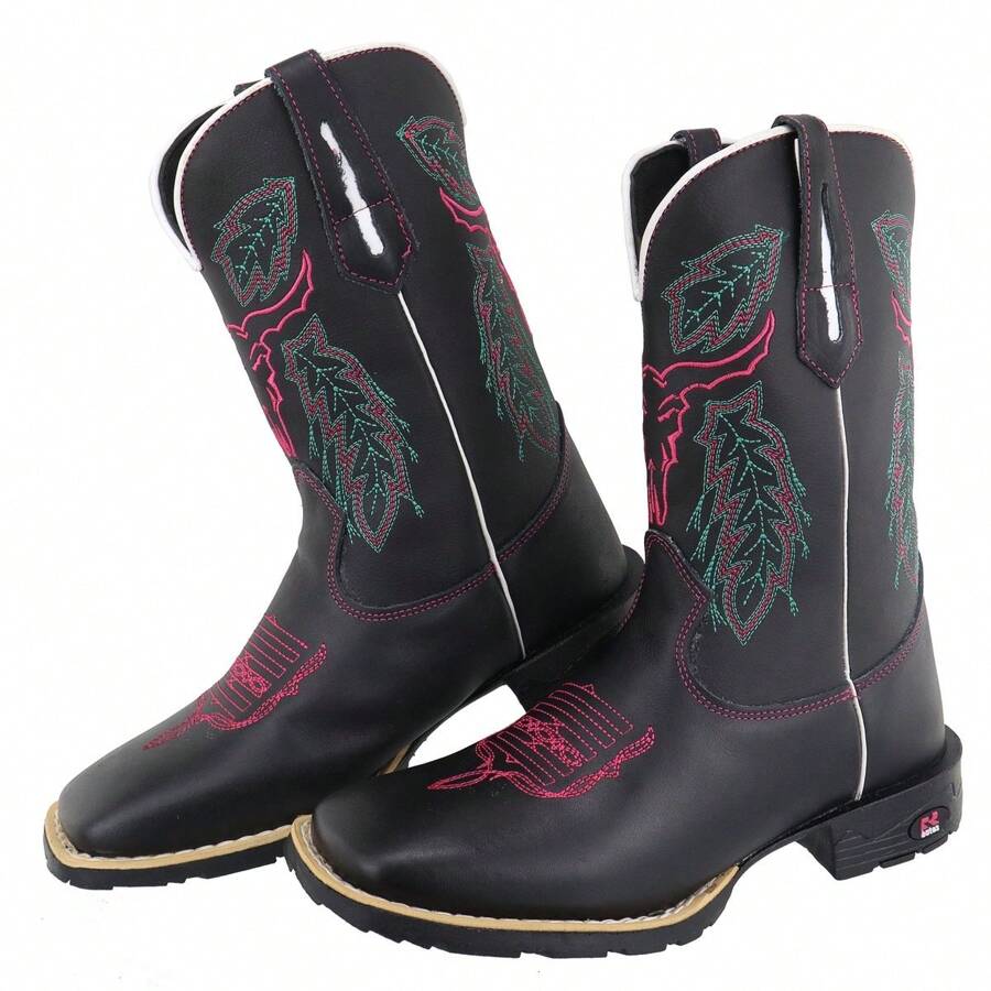 Bota Texana Feminina Couro Bordada Country Rodeio Peão Western Boi Rosa ...