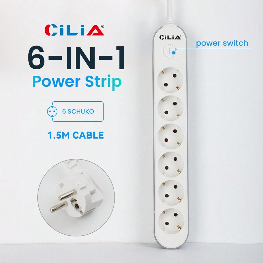 Cilia 1pc European Standard Power Socket 6 Plug With Switch 1 5m Extension Cord White Shein