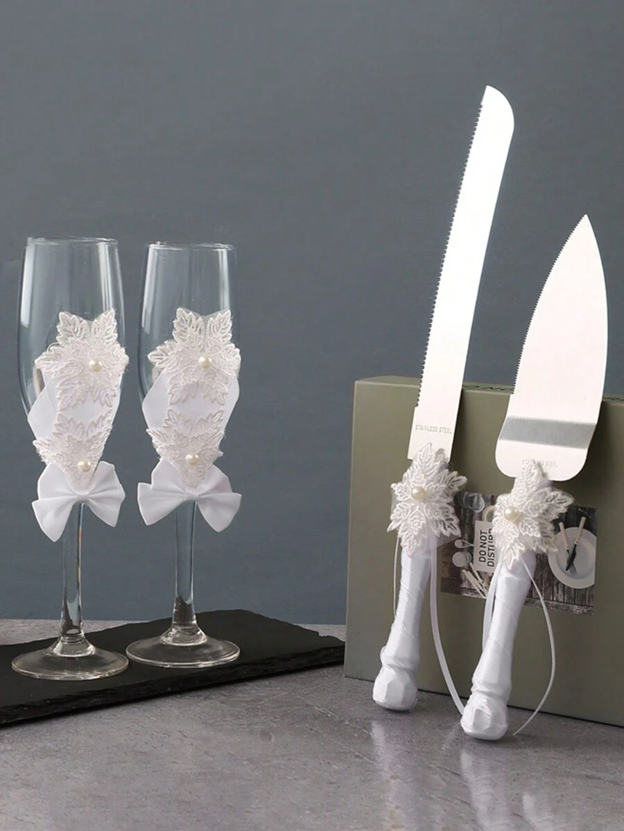 White Lace Flower Bow Pearl Romantic Wedding Champagne Flutes Set ...