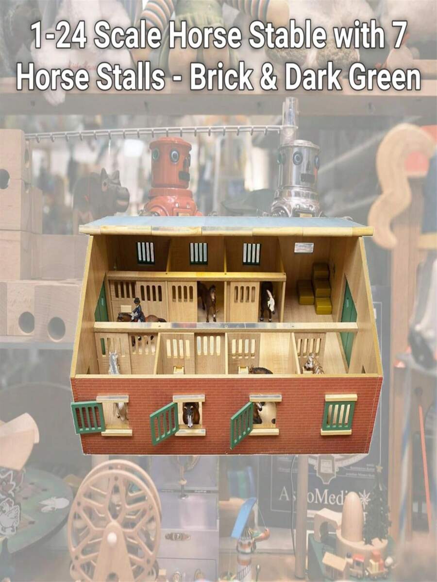 1-24 Scale Horse Stable With 7 Horse Stalls - Brick & Dark Green ...