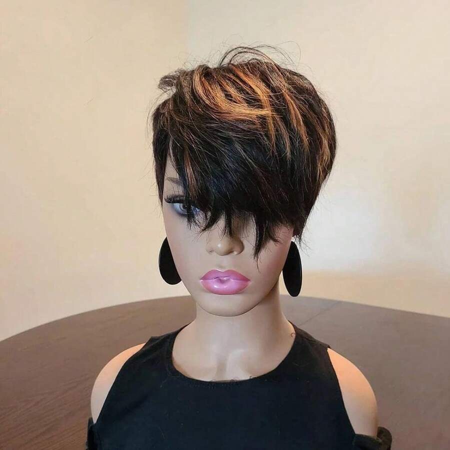Peruca Corte Pixie para Mulheres, Cabelo Humano Cor 1B30, Perucas ...