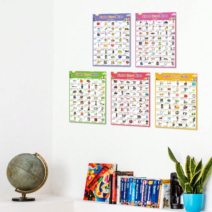 5 Sheets Sight Words Poster - 11x8in Sight Word Poster Kindergarten ...