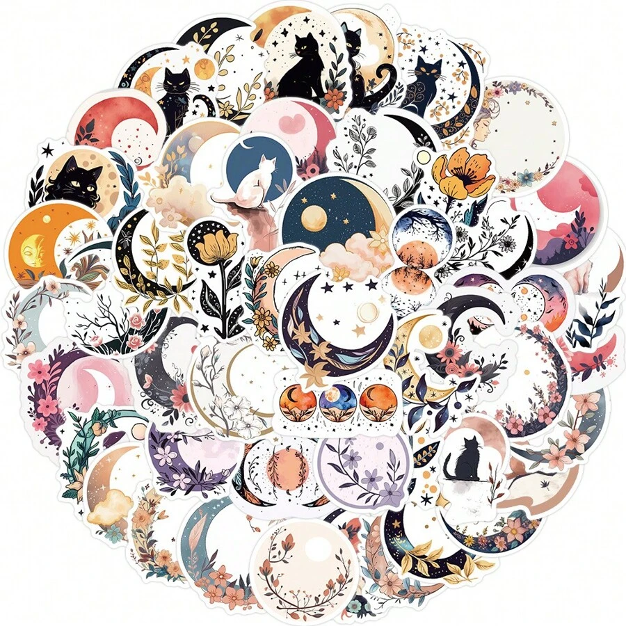 50Pcs Moon Flowers And Cats Stickers For Mobile Phones Computers ...