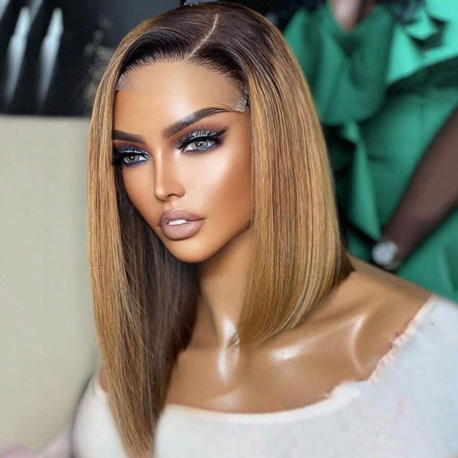 Omber Blonde Bob Wig Human Hair 13x4 Frontal Lace Wigs For Black Women 180 Density Ombre Brown