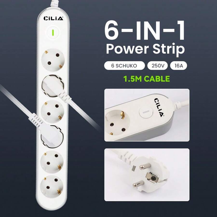 Cilia 1pc European Standard Power Socket 6 Plug With Switch 1 5m Extension Cord White Shein