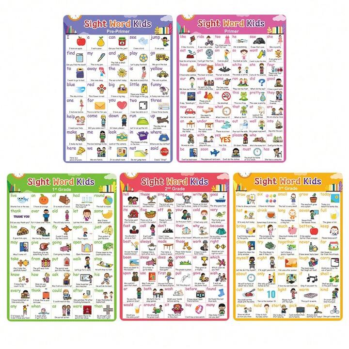 5 Sheets Sight Words Poster - 11x8in Sight Word Poster Kindergarten ...