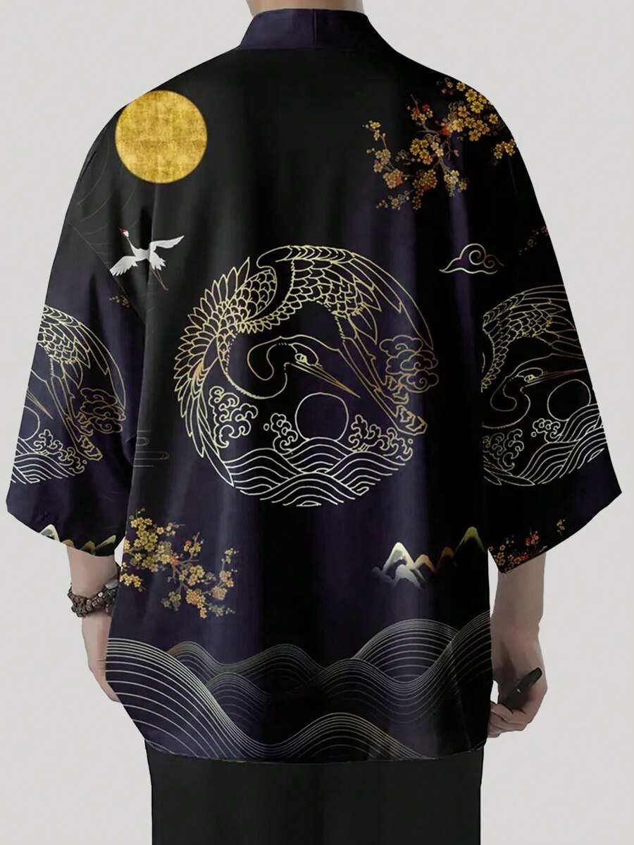 Men's Autumn Moon And Crane Pattern Haori Kimono Jacket | SHEIN USA