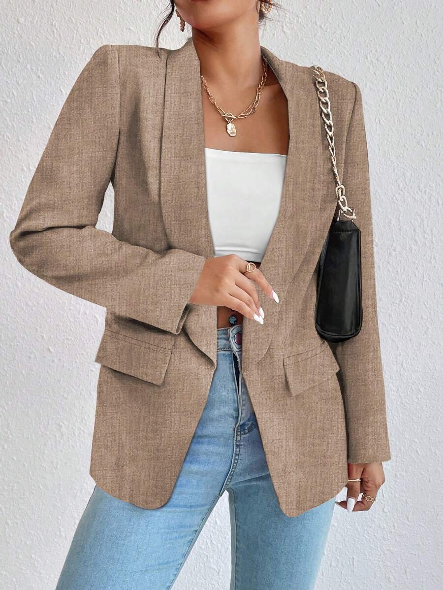 Women Crew Neck Long Sleeve Mock Pocket Casual Jacket, Simple For ...