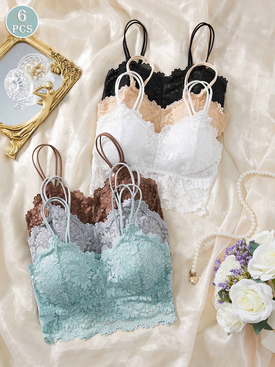 6pcs Women Colorful Lace Wireless Bras, Comfortable & Sexy Lingerie Set ...